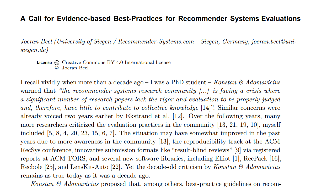 A Call for Evidence-based Best-Practices for Recommender Systems Evaluations – ISG Siegen